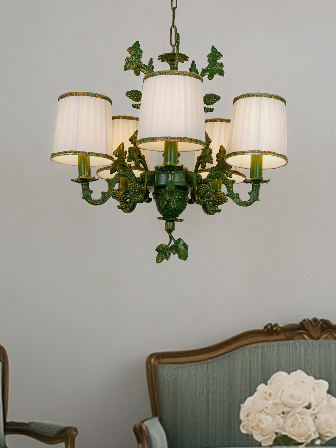 Green Grapevine Chandelier with Pleated Shades