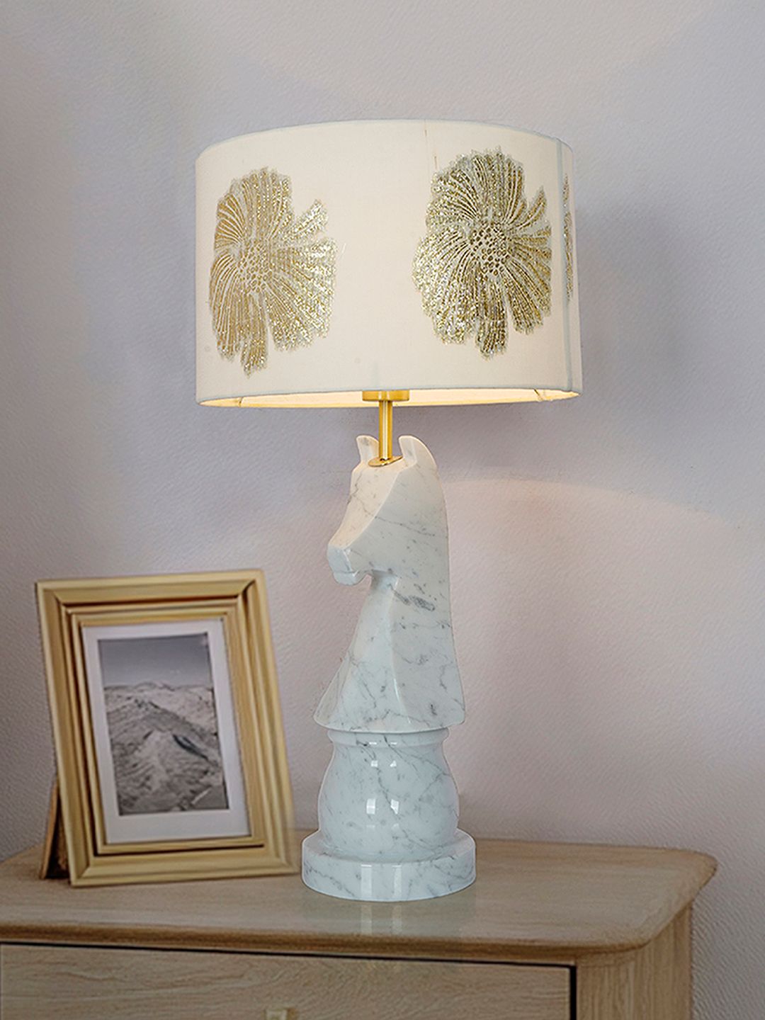 Statuario Marble Chess Knight Lamp with Gold Embroidered Shade
