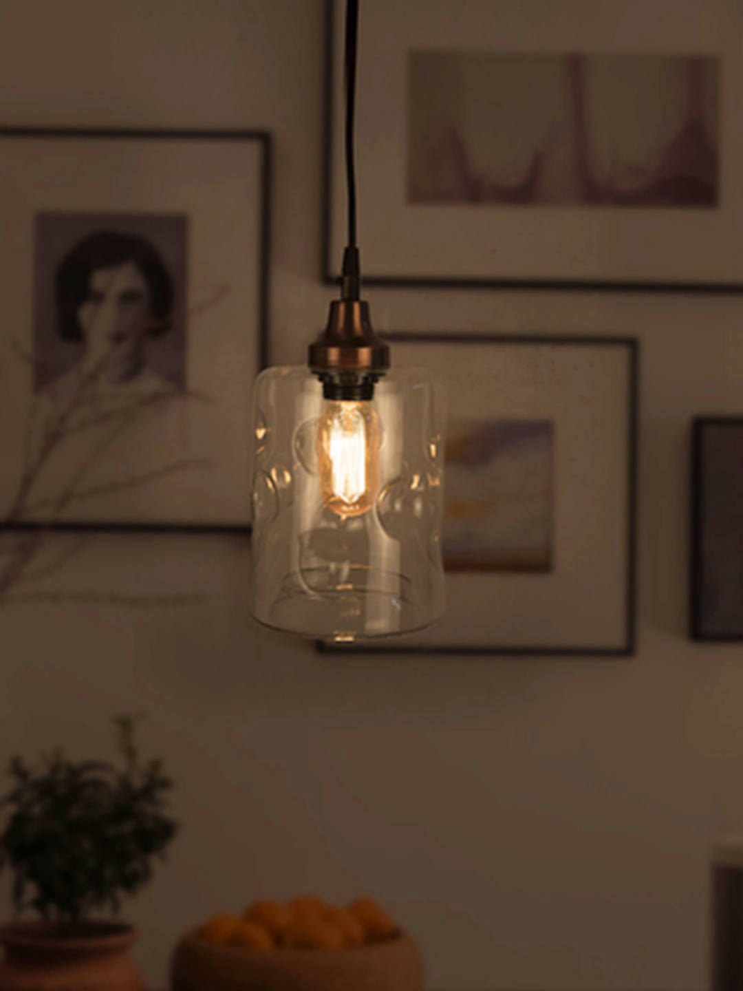 Contemporary Copper Finished Distorted Glass Cylinder Pendant Light