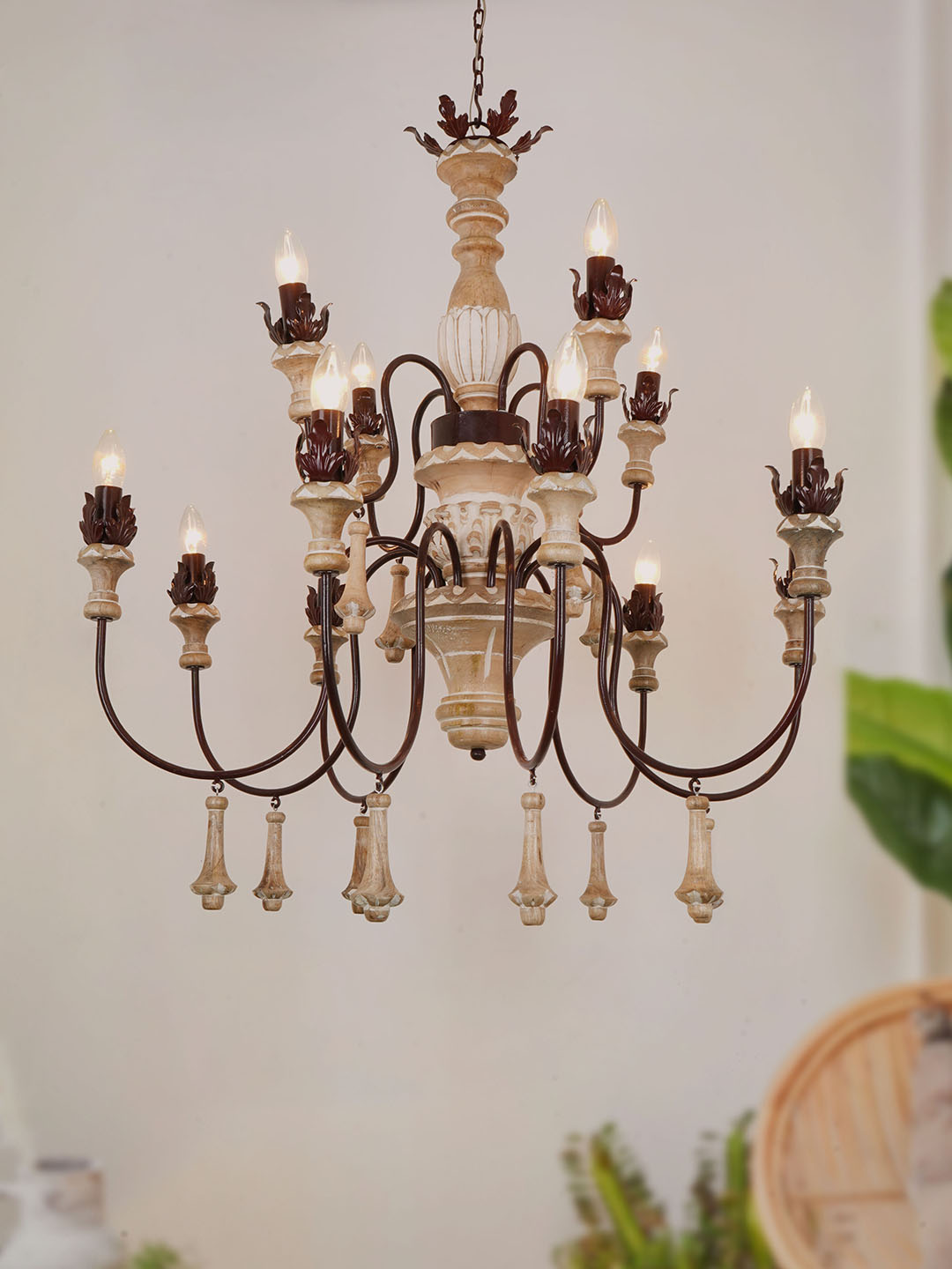 French Rustic Brown 37 Inch Wide Double-Tiered Wooden & Iron 12-Light ...